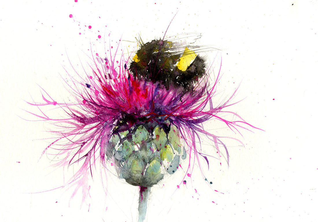 Original watercolour painting 'Bumble bee on a thistle' – Jen Buckley Art